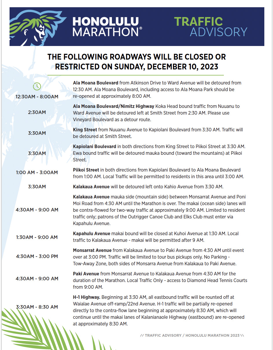 Traffic Advisory : Honolulu Marathon