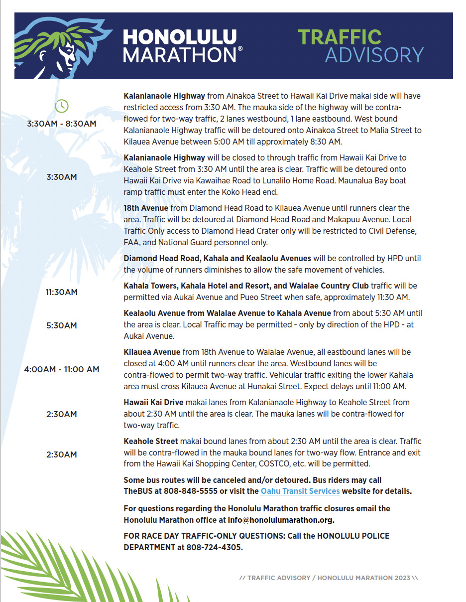 Traffic Advisory 2023-3 : Honolulu Marathon