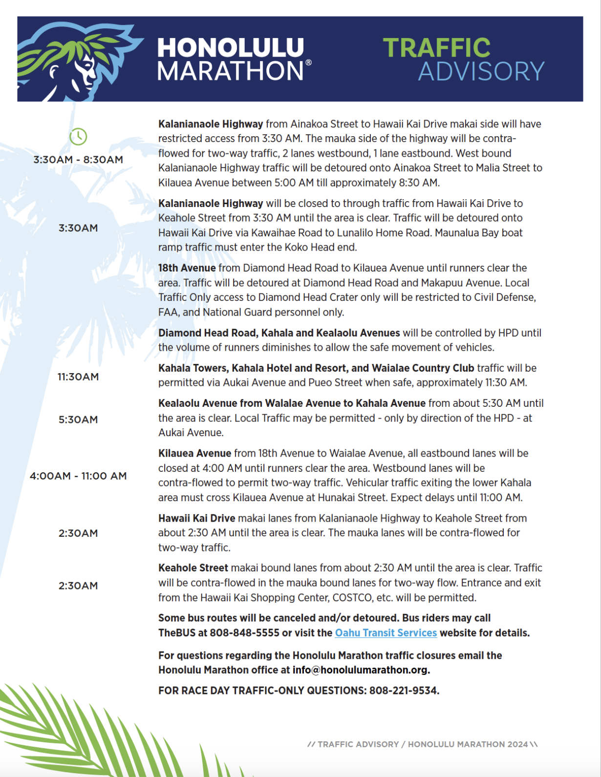 Traffic Advisory : Honolulu Marathon